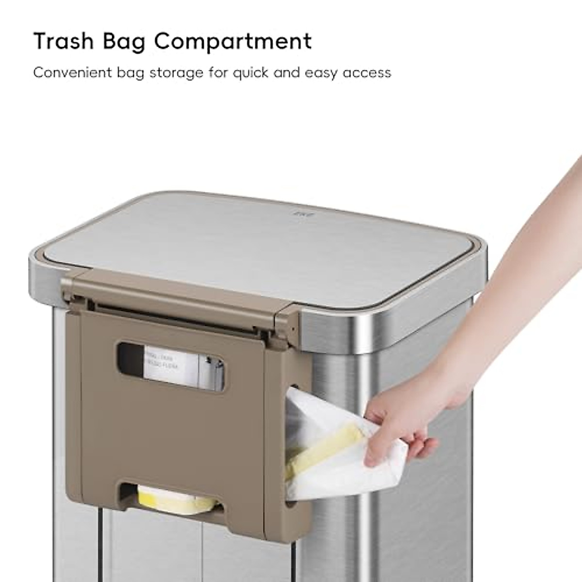 EKO Hudson Matte Stainless 75 Liter/20 Gallon Step Trash Can with Rear Trash Bag Storage Compartment
