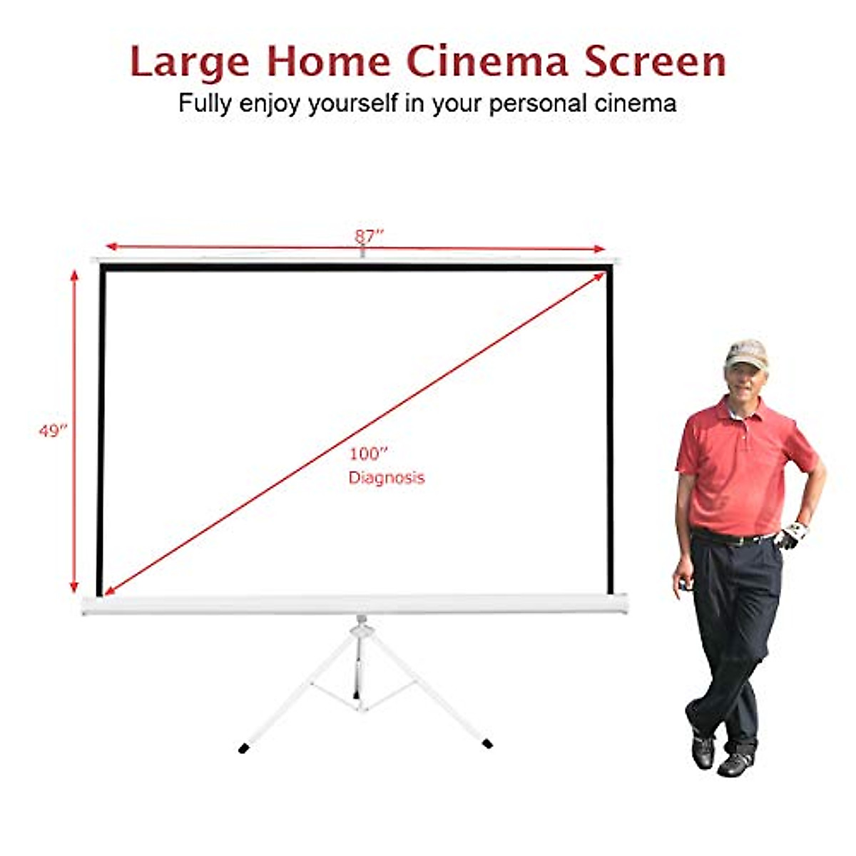 Safstar 100" Tripod Projection Screen, Portable Tripod Floor Stand Manual Pull up Home Theater Office Presentation Projector Screen 87" x 49" Viewing Area