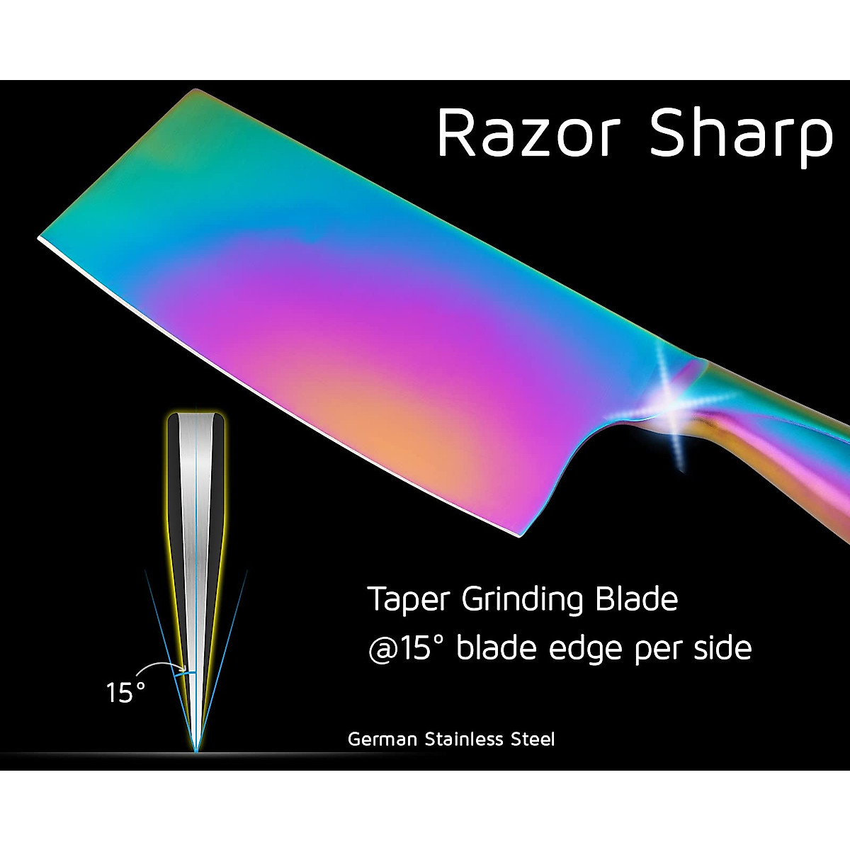 WELLSTAR Rainbow Meat Cleaver, 7 inch Iridescent Chinese Meat Vegetable Butcher Knife, Super Sharp German High Carbon Stainless Steel Chef’s Kitchen Knife with Ergonomic Handle for Home Restaurant