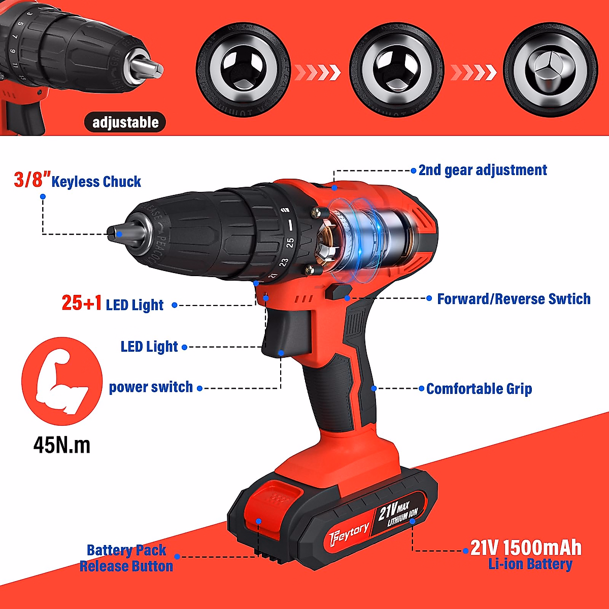 Cordless Drill Set, 21V Power Drill Kit with 398 inch-lbs & Torque Rating 25+1, 2 Variable Speeds Electric Power Drill 3/8” Keyless Chuck with LED & 29 pcs Accessories Electric Driver for DIY (1.5 Ah)