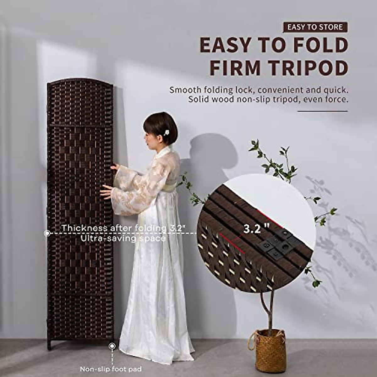 Divider Room Panel, 4 Panel 6 Ft Folding Privacy Screens, Freestanding Hinged Room Dividers (Brown)