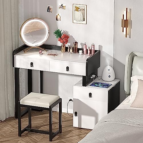Vanity Desk with Lighted Mirror & Power Outlets, 44'' Makeup Vanity Set with Lights & 3 Drawers, Vanity Mirror with Lights Desk & Chair, Dressing Table with Reversible Cabinet & Stool, White & Black