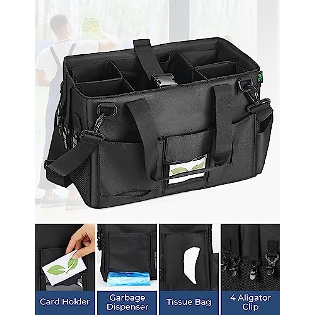 F40C4TMP Double Leaves Large Wearable Cleaning Caddy Bags for Housekeepers, Cleaning Supplies Organizer, Tools Tote with Handle for Housekeeping and Car Storage, Black
