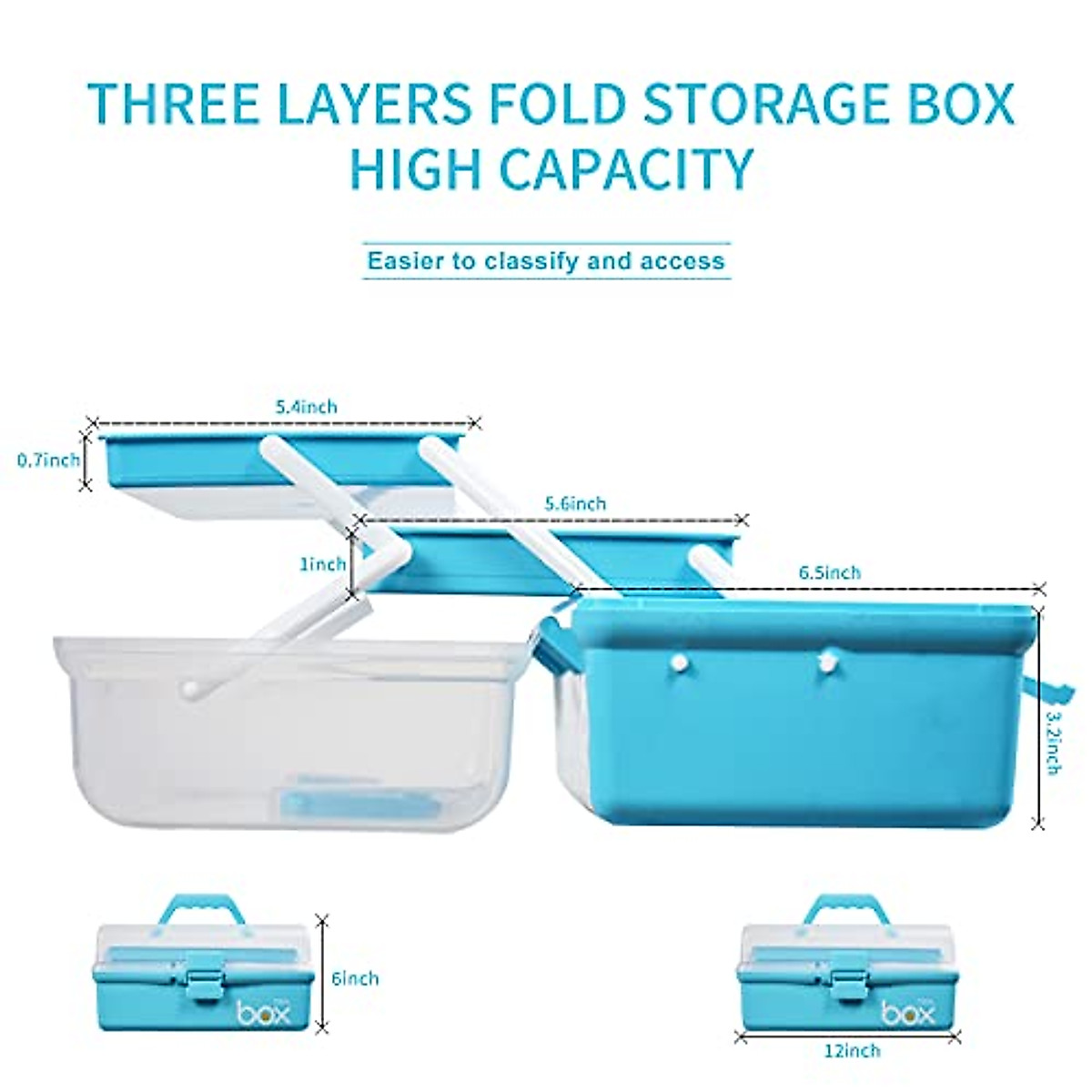TERGOO 12in Three-Layer Multipurpose Storage Box Organizer Folding Tool Box/Art & Crafts Case/Sewing Supplies Organizer/Medicine Box/Family First Aid Box with 2 Trays (Blue)