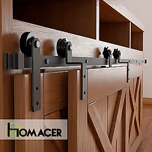 Homacer Mini Black Rustic Single Track Bypass Sliding Barn Door Hardware Kit, for Two Doors, 30-inch Long Flat Track, Straight Design Roller (One Flat +One Bent), Cabinet TV Stand Use