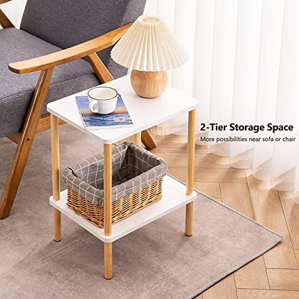 Apicizon 2 Tier End Table, Boho Side Table with Storage Shelf, Nightstand Bedside Table for Small Spaces, Bedroom, Living Room, Entryway, Farmhouse, Easy Assembly, White+Natural