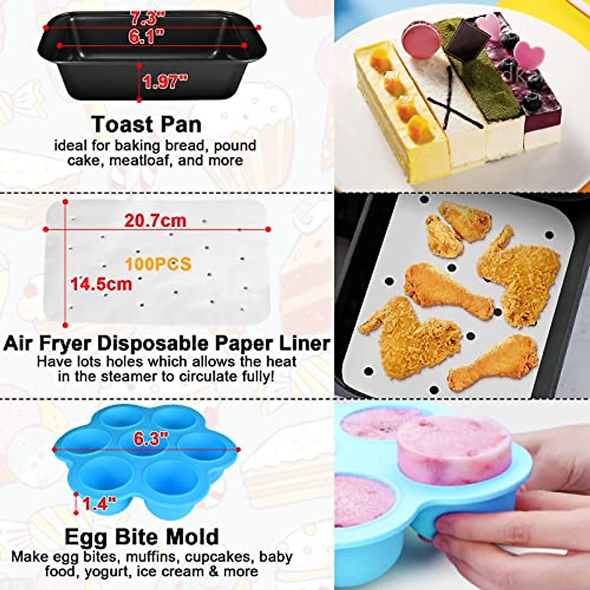 YINGRACE Air Fryer Accessories,Set of 8PCS Dual Basket Air Fryer Accessories Compatible with Ninja DZ201, DZ401, DZ550, Instant Vortex, Chefman, Bella, PowerXL Dual Zone Air Fryers