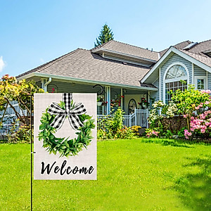 XIFAN Welcome Garden Flag Heavyweight Burlap Boxwood Wreath Flag Double Sided Buffalo Plaid Bow Small 12.5 x 18 Inch Spring Yard Farmhouse Outdoor Decoration