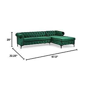 Christopher Knight Home Frieda Velvet 3 Seater Sectional Sofa with Chaise Lounge, Emerald, Black