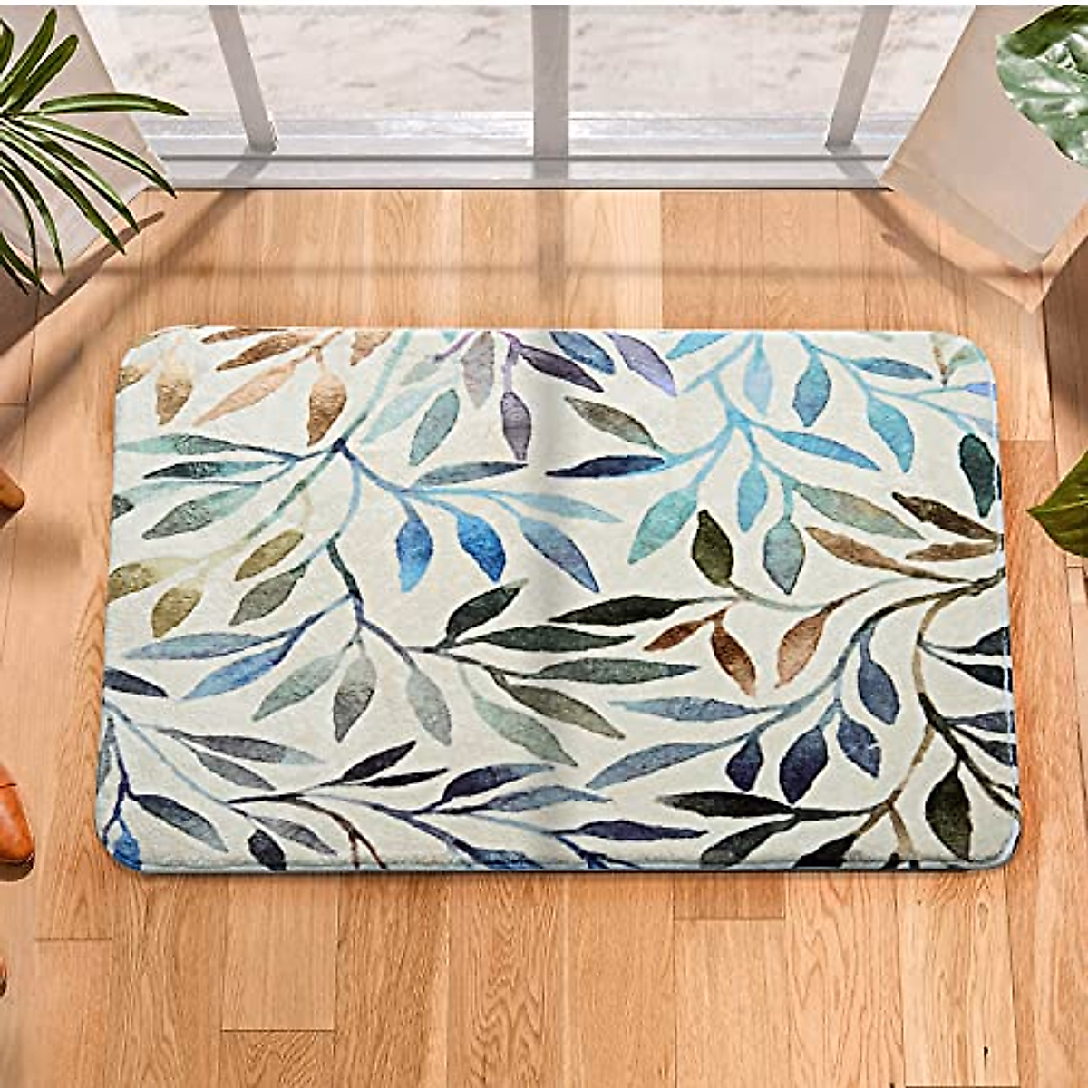 RoomTalks Green Leaf Print 2x3 Area Rug - Faux Wool Non-Slip Cute Bohemian Summer Spring Plants Leaves Bathroom Rug Washable Small Throw Rugs for Entryway Indoor Kitchen Rugs Low-Pile Porch Doormat