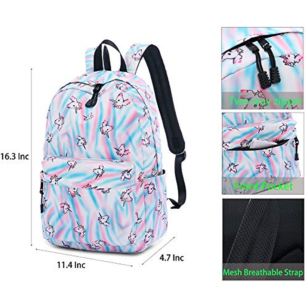 abshoo Cute Lightweight Teens School Bookbags Unicorn Girls Backpacks With Lunch Bag (Unicorn Rainbow Blue Set)