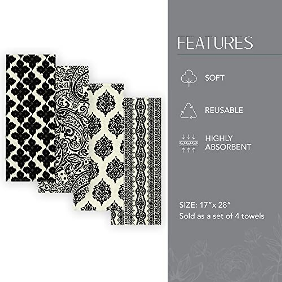Elrene Home Fashions Everyday Casual Prints Assorted Kitchen Towels, Cotton Dish Towels, 17 Inches by 28 Inches, Black, Set of 4