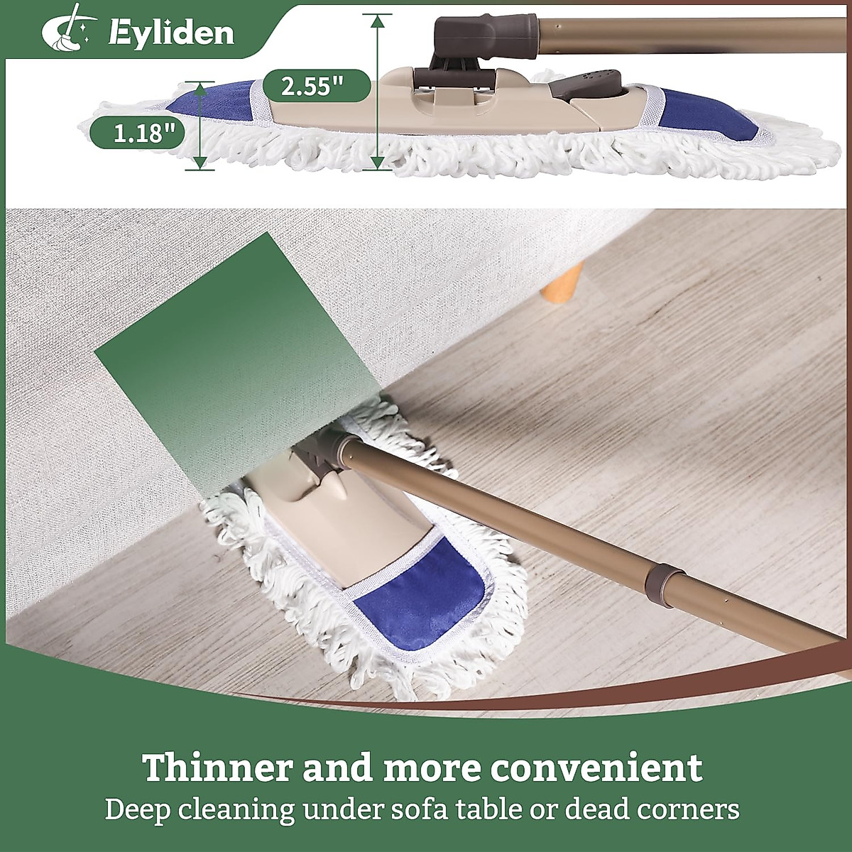 Eyliden Dust Mop with 2 Reusable Washable Pads - One Touch Replacement, Height Adjustable Handle, Wet & Dry Mops for Floor Cleaning, Hardwood, Laminate, Tile Flooring Push Dust Broom