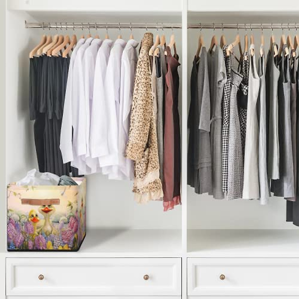 Animal Duck Fabric Storage Cubes Flower Floral Collapsible Storage Bins, Storage Boxes for Organizing Storage Baskets with Handles for Shelves, Closet, Toy, Nursery (13x13x13 Inch)