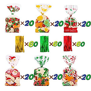 VEYLIN 120Pcs Christmas Cellophane Goody Bags, Xmas Cello candy Bags with Ties for Holiday Party Favors