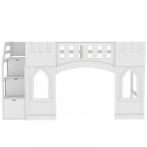 Harper & Bright Designs Twin Size Loft Bed with Storage Staircase and Window, Wood Playhouse Bed Frame with Storage for Boys, Girls, Gray,White