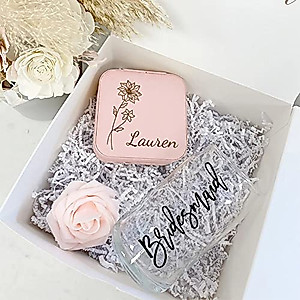 Bridesmaid Gifts Jewelry Box Personalized Small Jewelry Travel Case Custom PU Leather Portable Bridesmaid Proposal Boxes Mini Jewellery Organizer Storage Earrings Rings Necklaces for Women Girls-Pink
