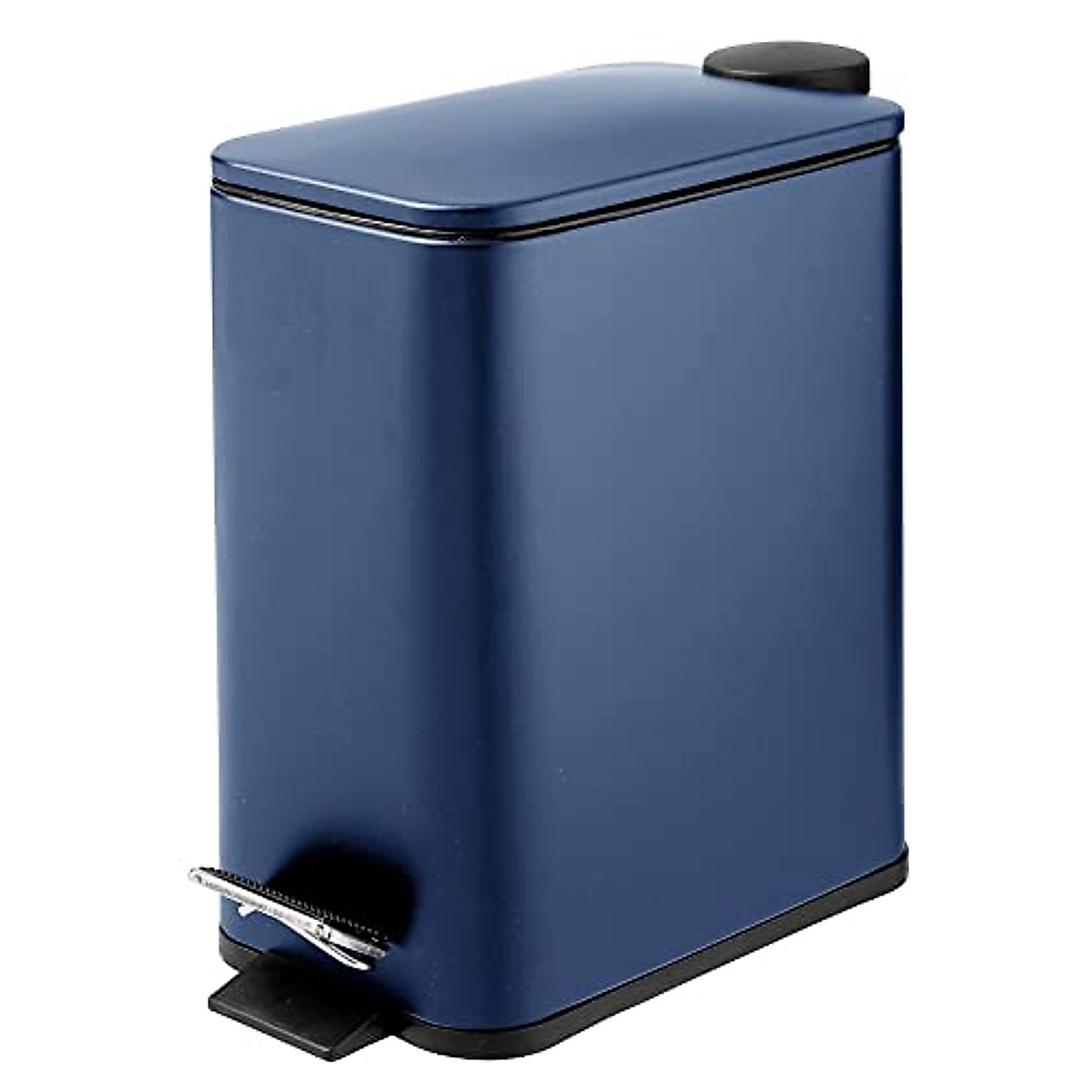 mDesign Slim Metal Rectangle 1.3 Gallon/5 Liter Trash Can with Step Pedal, Easy-Close Lid, Removable Liner - Narrow Wastebasket Garbage Container Bin for Bathroom, Bedroom, Kitchen - Navy Blue