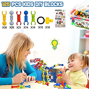 Stem Kids Building Toys for Ages 6-8 Boys Girls, 125 PCS Building Blocks Games for Boys 3-5, Educational Learning Toys for 3 4 5 6 7 8 Year Old, with Large Storage Box, Ideal Christmas Birthday Gifts