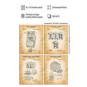 Las Vegas Gambling Patent Art Prints Vintage Wall Art Poster Set - Chic Rustic Home Decor for Game Room, Office, Man Cave - Gift for Poker, Roulette, Blackjack, Slot Machine Fans, 8x10 Photo Unframed