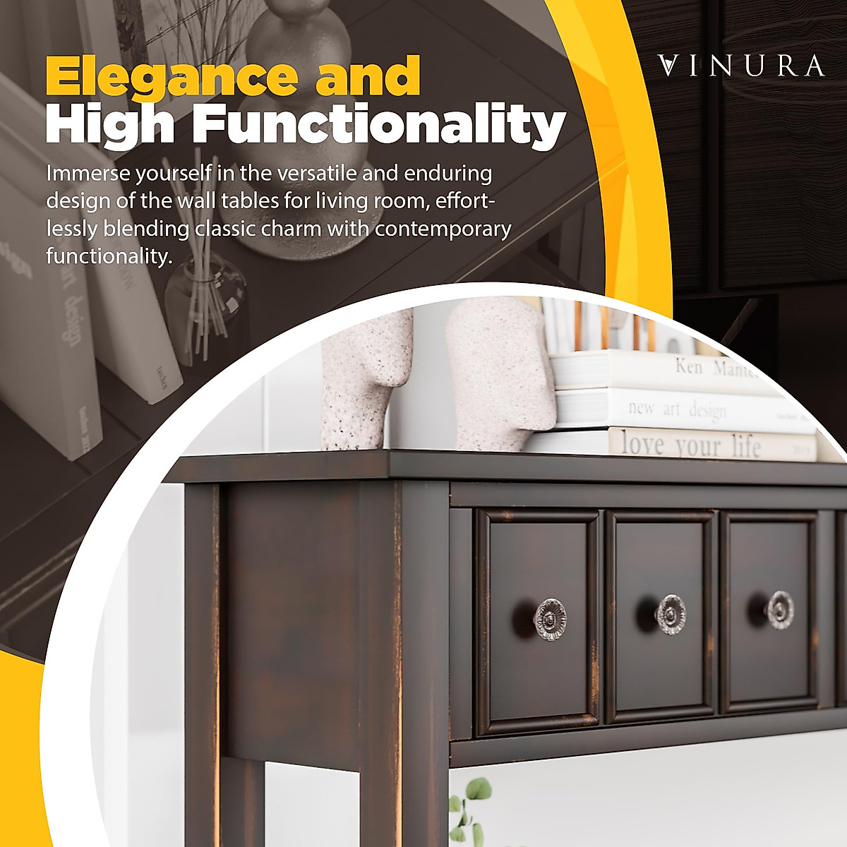 Venera Console Tables for Living Room - Solid Wood Black 60” Entryway Table with Storage - Behind Couch Table Skinny & Two Drawers - Environmental-Friendly Entry Way Table Home Furniture
