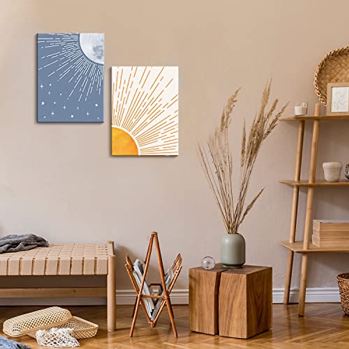 Creoate Boho Wall Decor Art 2 Pieces Sun and Moon Picture Canvas Print Framed Set Artwork for Minimalist Home Decor, Modern Boho Wall Art, 12x16 Inch x2pcs