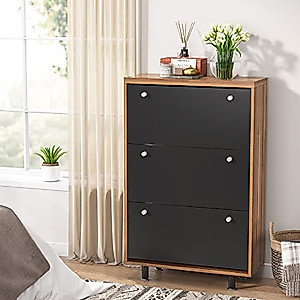 Tribesigns 3 Drawer Shoe Cabinet, Freestanding Shoe Rack Storage Organizer with Flip Door, Modern Tipping Bucket Shoe Cabinet for Entryway, Hallway, Bedroom, Small Spaces, Walnut & Black