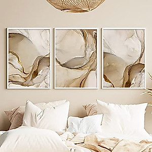 Abstract Marble Canvas Wall Art Modern Abstract Marble Art Prints Brown and Gold Marble Wall Art Marble Pictures Wall Decor Beige Marble Poster Canvas Painting for Bathroom Decor 16x24inchX3 Frameless