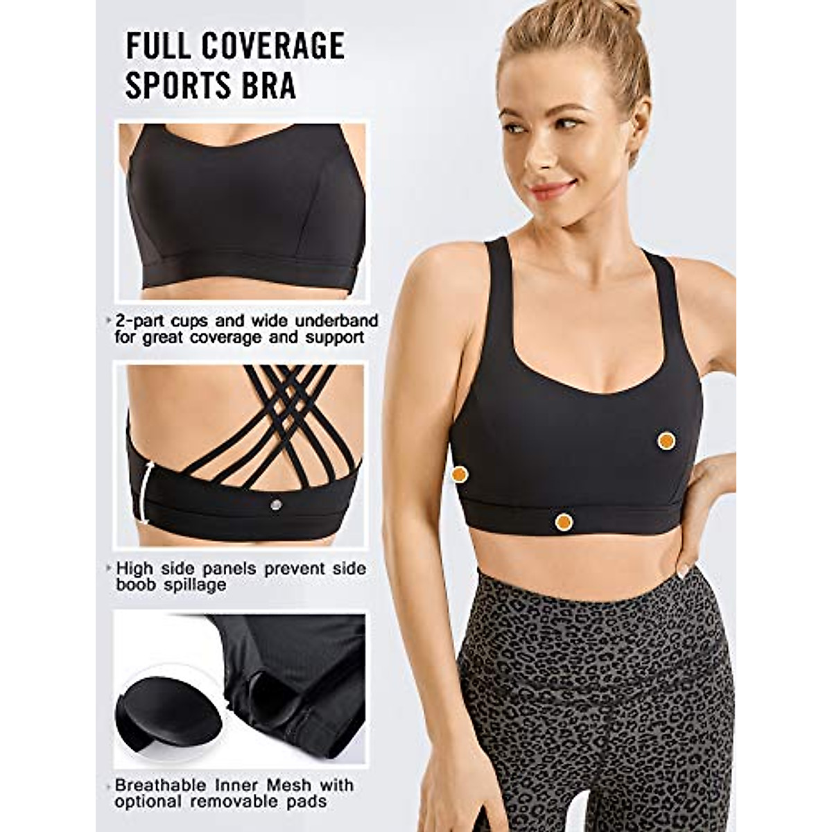 CRZ YOGA Women's Strappy Sports Bra Full Coverage Padded Full Size Criss Cross Workout Yoga Bra Tops Black-Full Size 36C