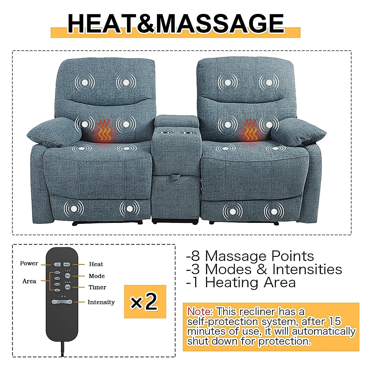 VUYUYU Reclining Sofa, Double Reclining Loveseat with Console, 2 Seater Sofa Home Theater Seating, Fabric Recliner Sofa Couches with Storage and Cup Holders (Blue)