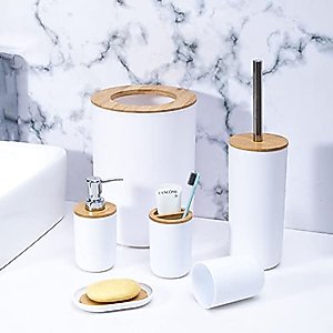 6PCS Bathroom Accessories Set - with Toothbrush Holder, Toothbrush Cup, Soap Dispenser, Soap Dish, Toilet Brush Holder, Trash Can Practical Toilet Kit for Home Washing Room (White)