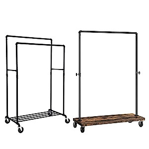 SONGMICS Heavy Duty Clothes Rack and Industrial Clothing Rack Bundle, Pipe Style Garment Racks on Wheels, Heavy Duty Racks with Shelves, Rustic Brown and Black UHSR60B and UHSR65BX
