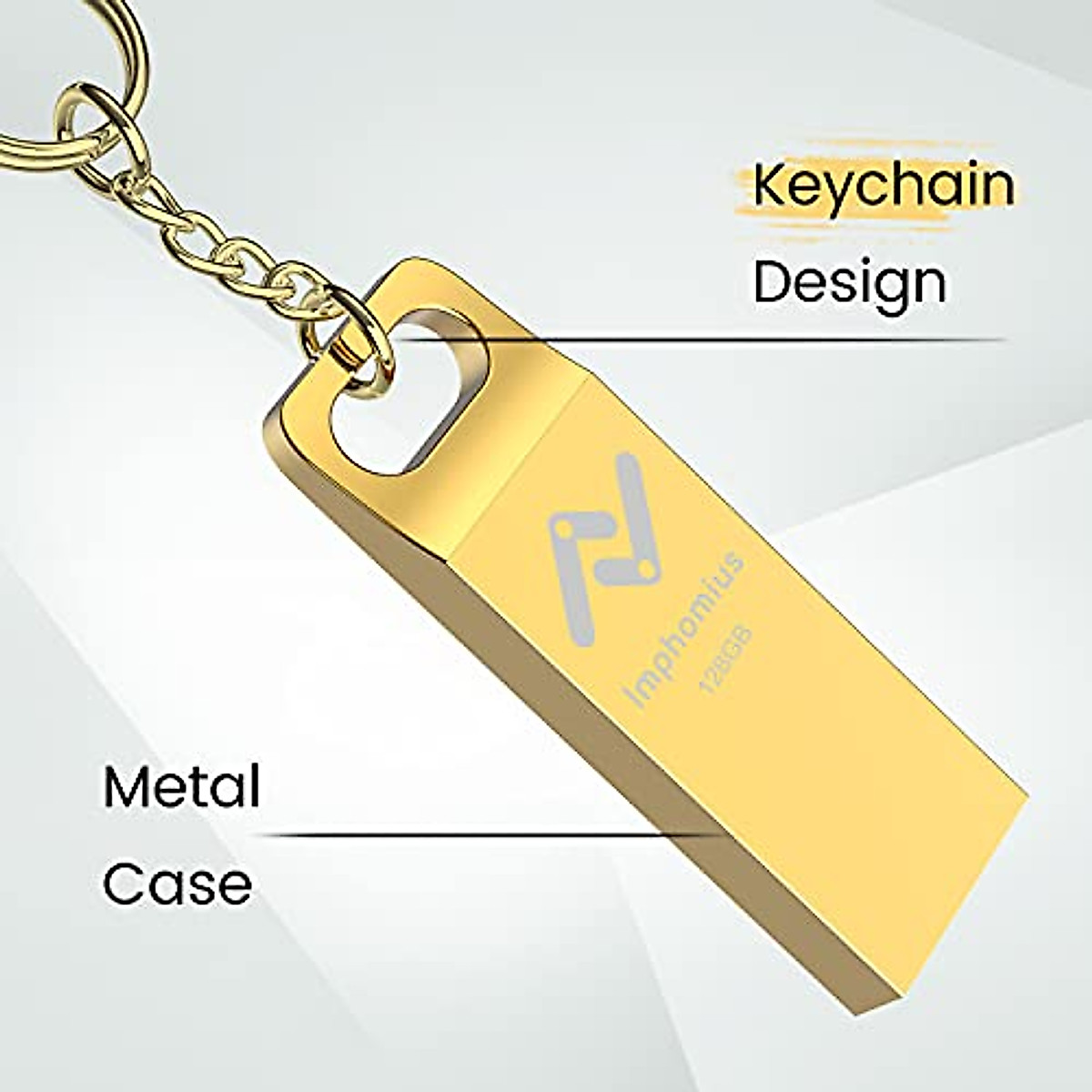 Imphomius 128GB Metal USB 2.0 Flash Drive with Keychain Waterproof and Dustproof Thumb Drive exFAT Memory Stick 128 GB Jump Drive for Storage and Backup, Gold
