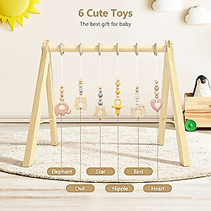 BESFAN Wooden Baby Gym with 6 Toys, Foldable Baby Play Gym Frame Activity Center Hanging Bar Newborn Gift, Wooden Baby Hanging Toys for Play & Learn