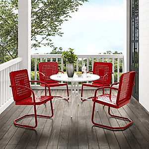 Crosley Furniture Bates 5-Piece Outdoor Dining Set for 4, Retro Metal Round Patio Table and Chairs for Deck, Bright Red Gloss