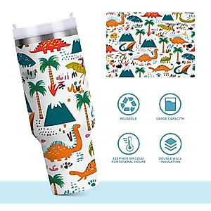 RPLIFE Cute Colorful Dinosaurs 40oz Tumbler with Handle, Stainless Steel Tumbler with Straw, Coffee Tumbler for Women