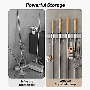 BBASILIYSD Punch Free Multifunctional Mop Holder,Multifunctional Mop Holder with Hook, Wall Mount Self Adhesive Broom,Broom Handle Holder with 3/4/5 Holders,for Kitchen, Bathroom, Garage