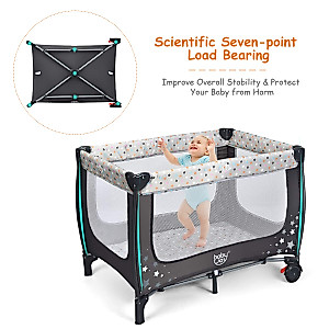 HONEY JOY Pack and Play, Foldable Baby Playard with Bassinet, Lightweight Installation-Free Travel Baby Crib from Newborn to Toddlers, Portable Nursery Center w/Lockable Wheels & Carry Bag(Gray)