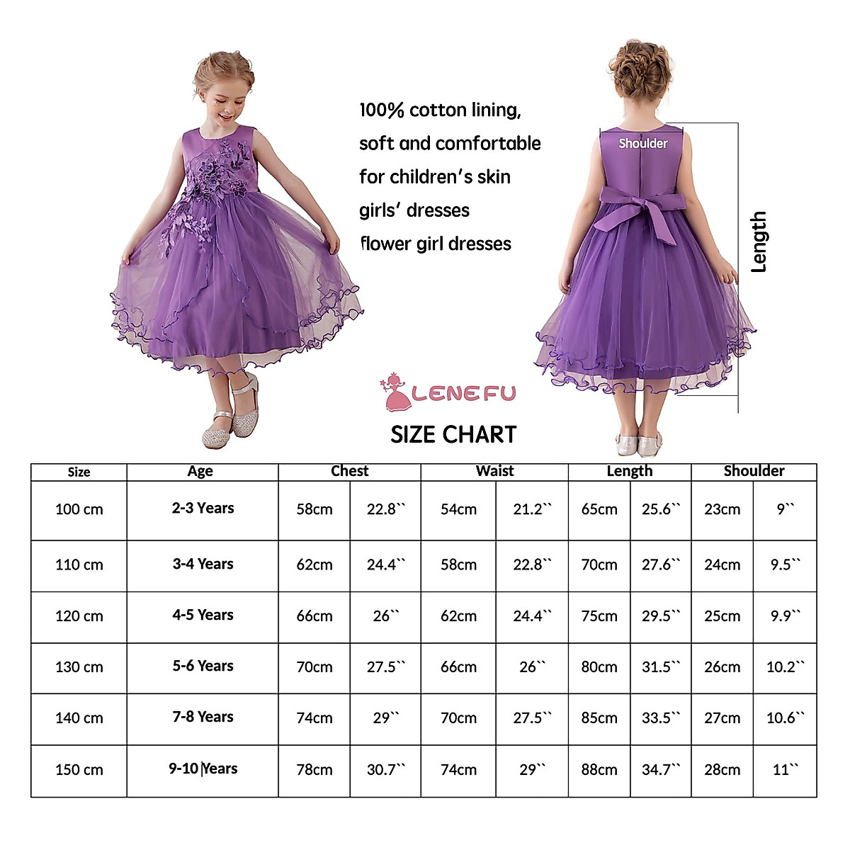 LENEFU Baby Girl Princess Bridesmaid Pageant Gown Birthday Party Wedding Dress Sleeveless Party Dresses Girl Clothes (Purple 140)
