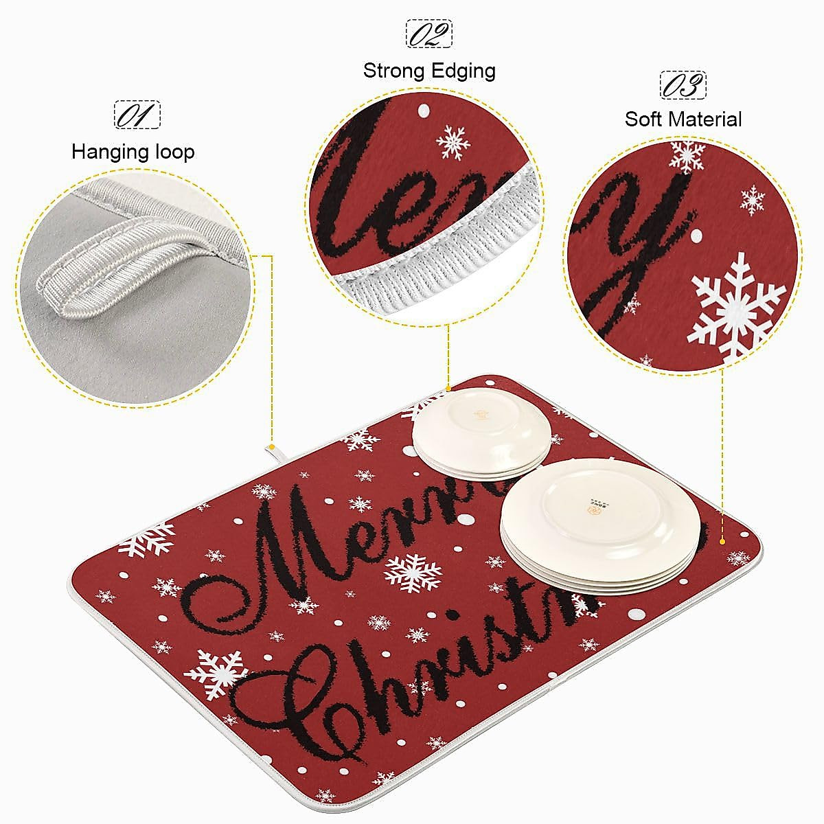 Merry Christmas Red Dish Drying Mat for Kitchen Winter Snowflake White Microfiber Drying Mats Absorbent Reversible Dish Pad Large Dish Draining Mat 18x24 inch