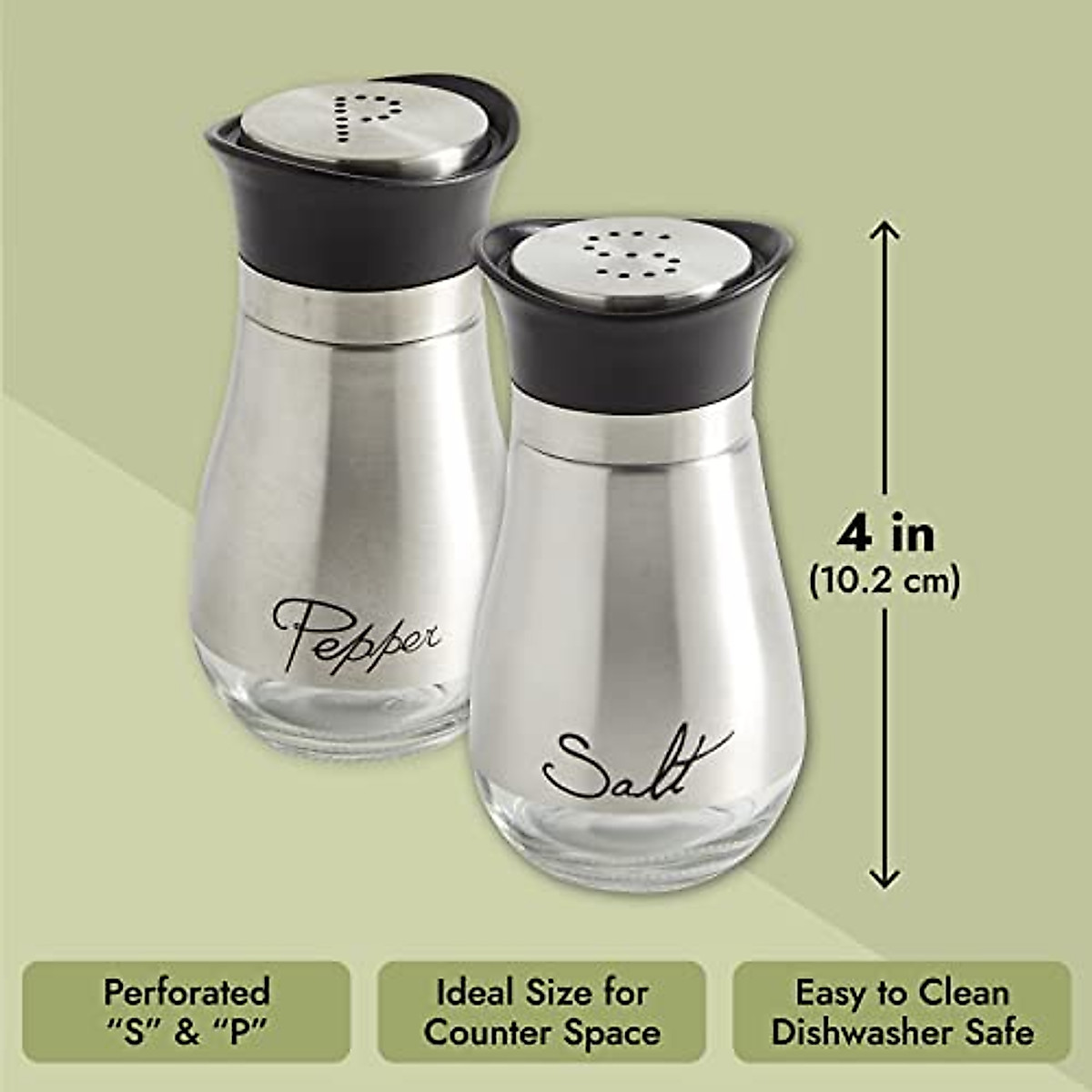 Juvale Stainless Steel Salt and Pepper Shakers Set with Holder, Refillable, Clear Glass Bottoms, Screw-Off Perforated "S" and "P" Caps for Kitchen Table Decor (4oz)