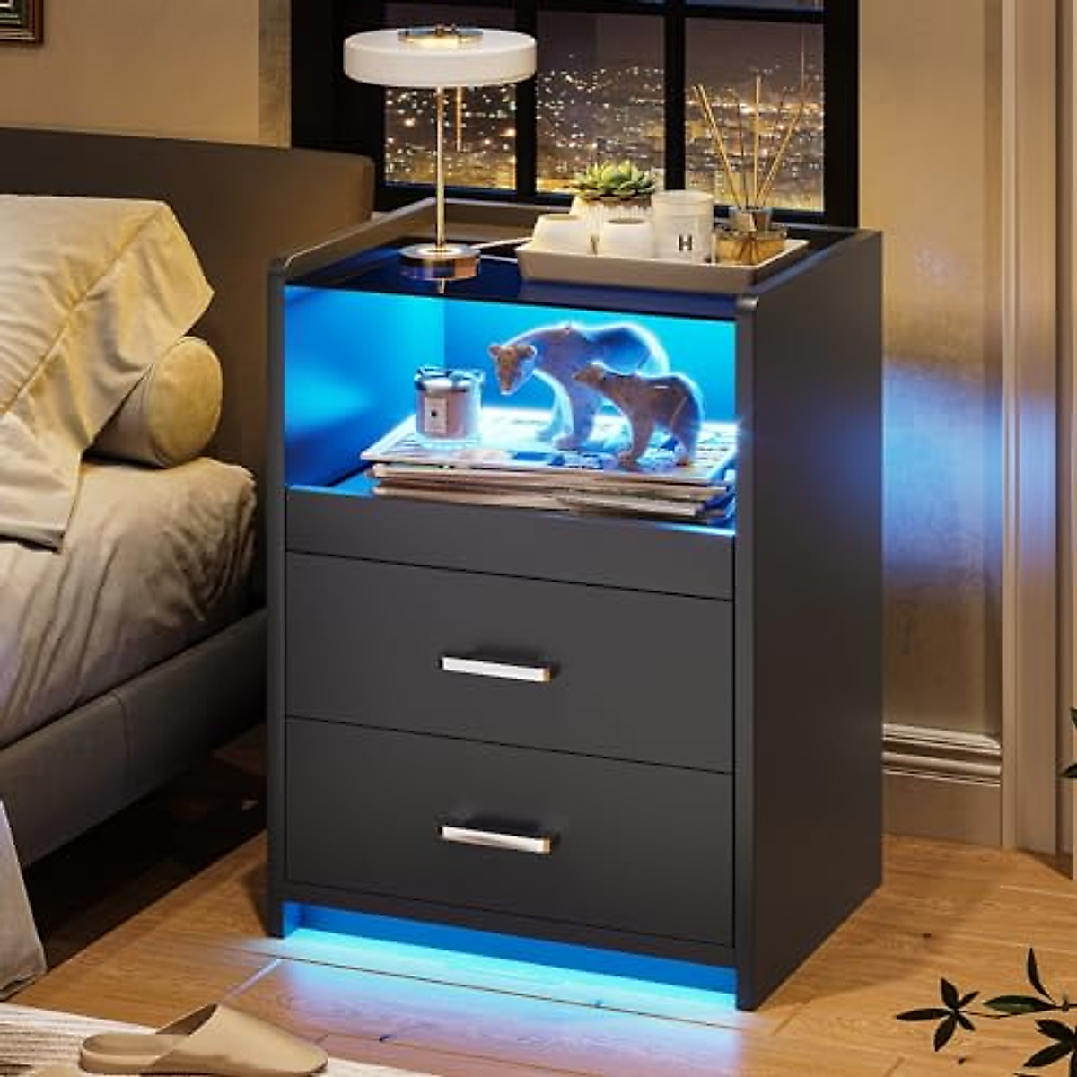VIAGDO Nightstand with Charging Station and LED Lights, Black Night Stand with Glass Top and Storage Drawers, End Side Tables with Pull-Out Tray and USB Ports, Modern Bedside Tables for Bedroom