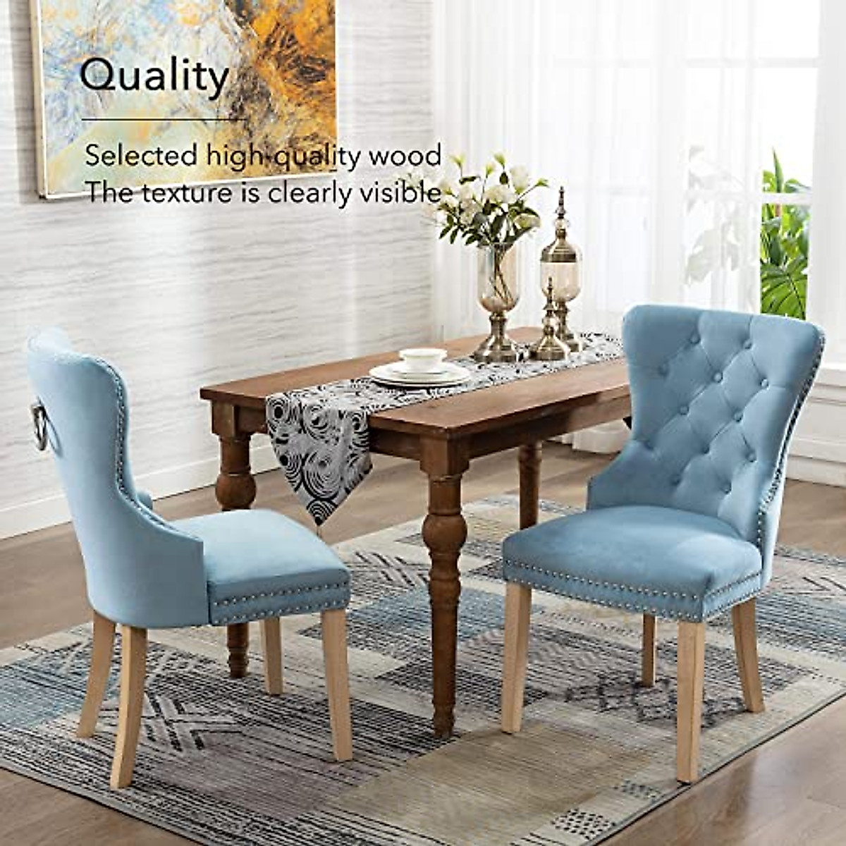 adochr Velvet Fabric Accent Dining Chairs Set of 6, Room for Used Solid Wood with Button and Nailed Trim (Blue)
