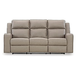 Signature Design by Ashley Lavenhorne Contemporary Faux Leather Manual Reclining Sofa with Drop Down Table, Cup Holders and USB Ports, Beige