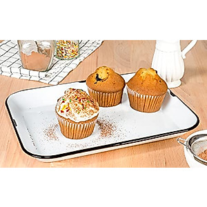 Red Co. 13.5” x 10” Enamelware Metal Classic 1.6-Quart Rectangular Serving Tray, Distressed White/Black Rim