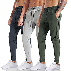 BROKIG Mens 3 Pack Lightweight Running Gym Jogger Pants,Men's Workout Sweatpants Zip Pocket (XX-Large, Army Green-Dark Gray-Light Gray)