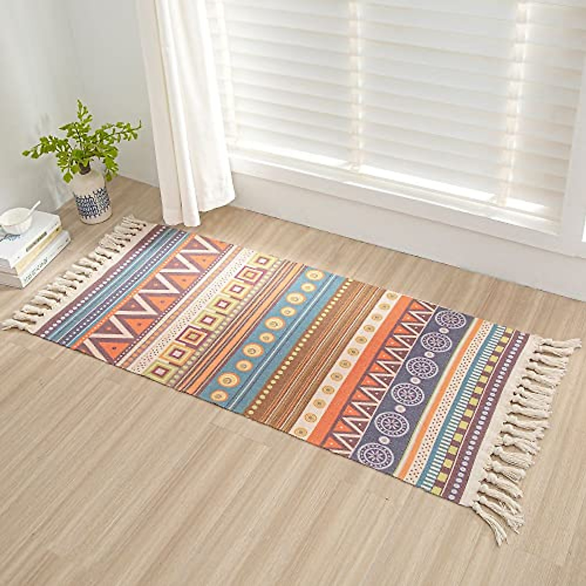 aoaoaoway Cotton Rug Soft Rug and Handwoven Fringe Rectangular Cotton Rug Tapestry Boho Kitchen, Living Room (Blue&Orange, 35.4 * 23.6)