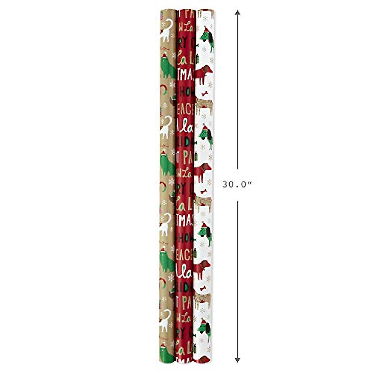 Hallmark Christmas Reversible Wrapping Paper Bundle, Pets and Patterns (Pack of 3, 120 sq. ft. ttl) Cats, Dogs, Stripes, Polka Dots, Paw La La La