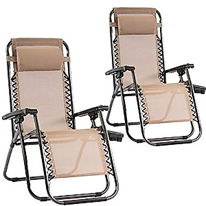 FDW Set of 2 Zero Gravity Chairs Lounge Chair with Pillow and Cup Holder Patio Outdoor Adjustable Dining Reclining Folding Chairs for Deck Patio Beach Yard
