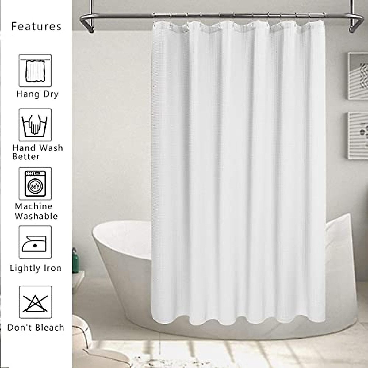 PEDBANRO White Shower Curtain - Waffle Weave Textured Fabric Shower Curtains for Bathroom, Machine Washable Waterproof Soft Cloth & Hotel Quality, Rust Resistant Grommets Weighted Bottom Hem, 72x72